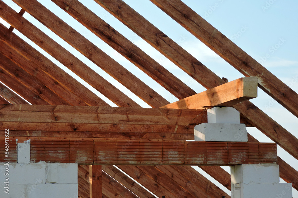 Wooden rafters and a wall plate, walls made of autoclaved aerated ...