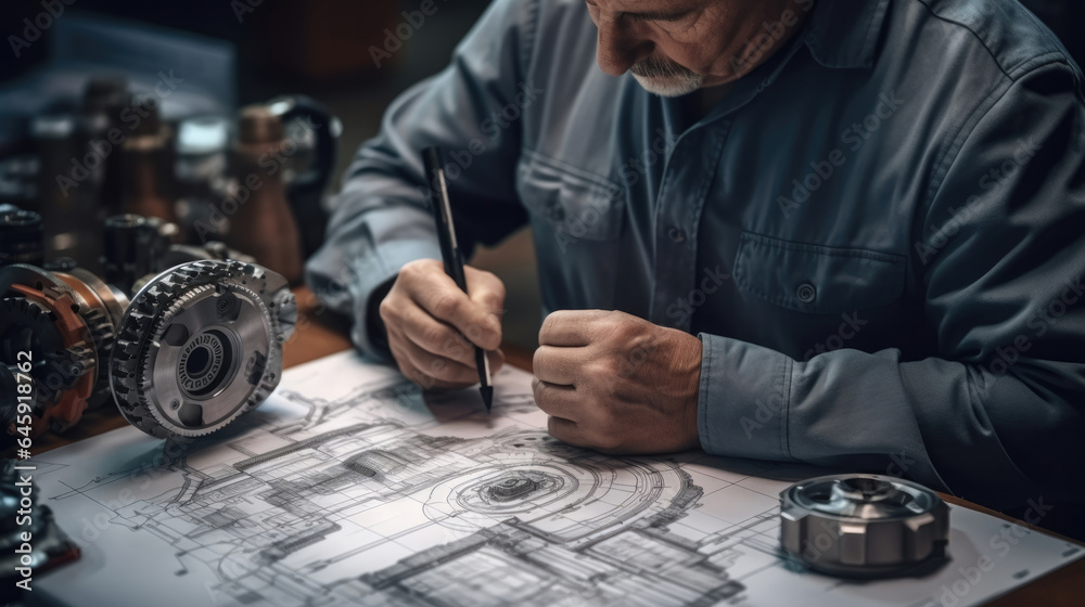 Engineer technician designing drawings mechanical parts engineering ...