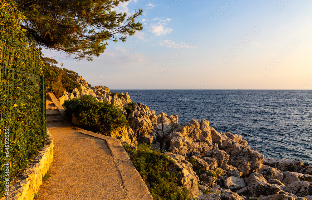 Rocky shoreline landscape of Saint-Jean-Cap-Ferrat resort town with ...