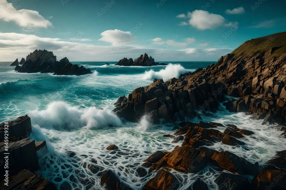 In a closeup of a rocky shore, crashing waves meet the rugged landscape ...