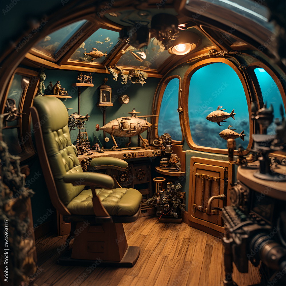 inside a miniture wooden toy submarine cabin. it is cozy and a ...