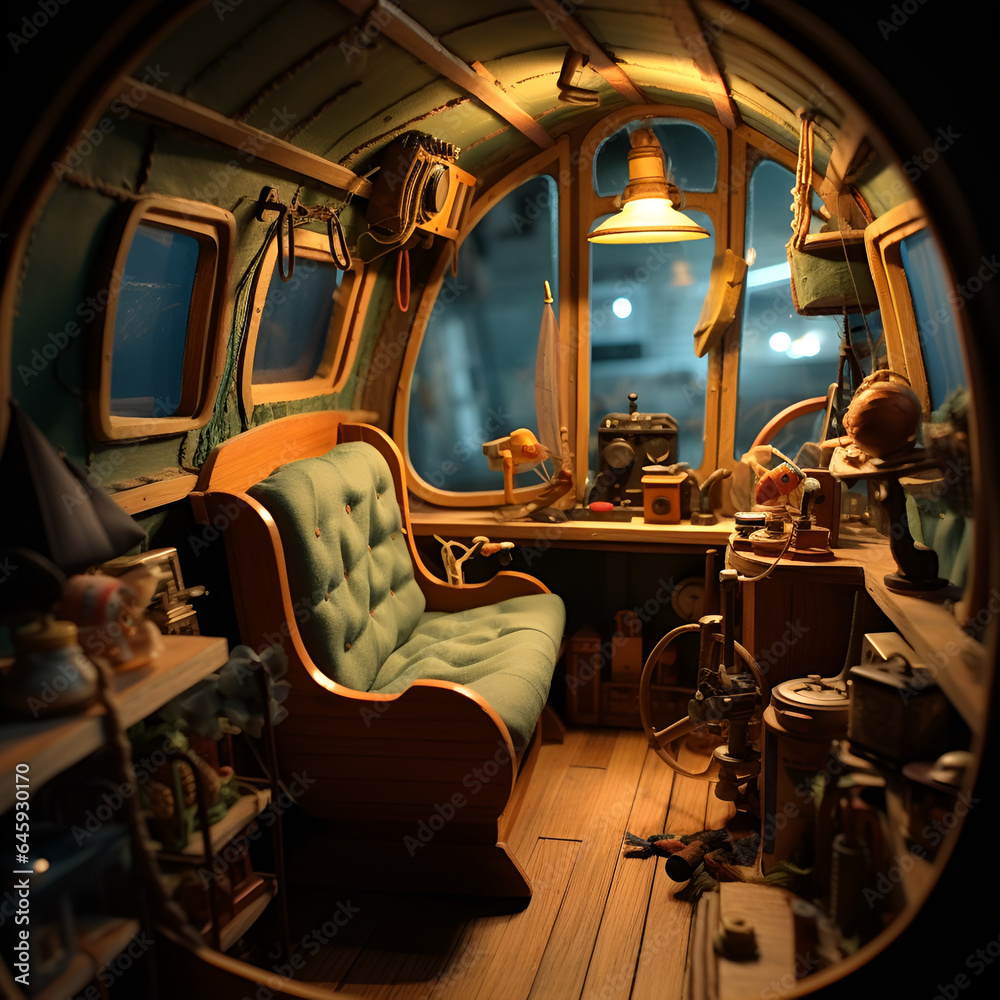 inside a miniture wooden toy submarine cabin. it is cozy and a ...