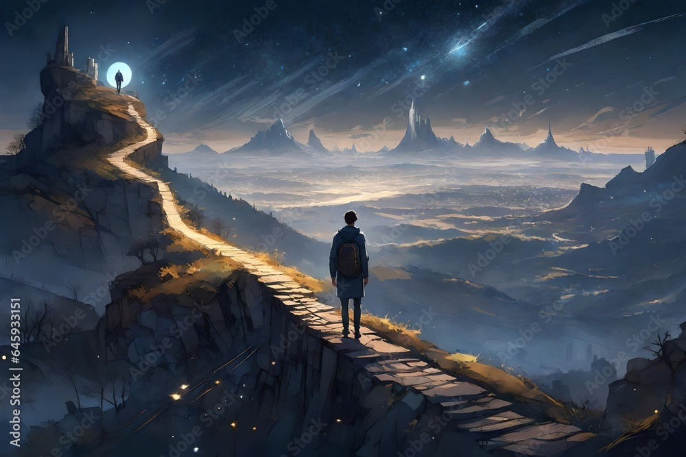 Concept art, A lone traveler standing atop a hill, looking out at a ...