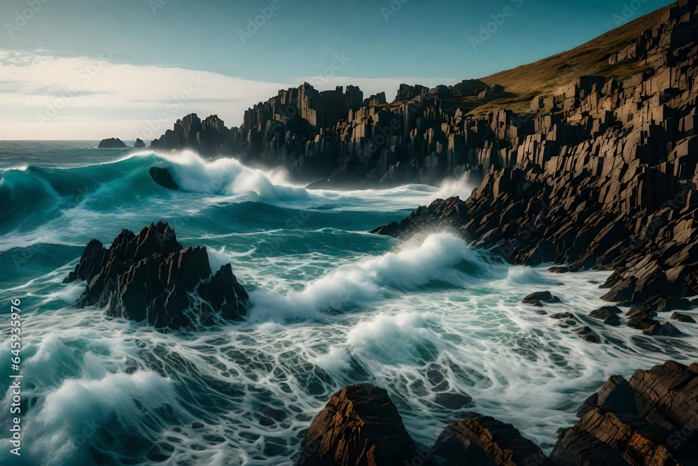 In a closeup of a rocky shore, crashing waves meet the rugged landscape ...