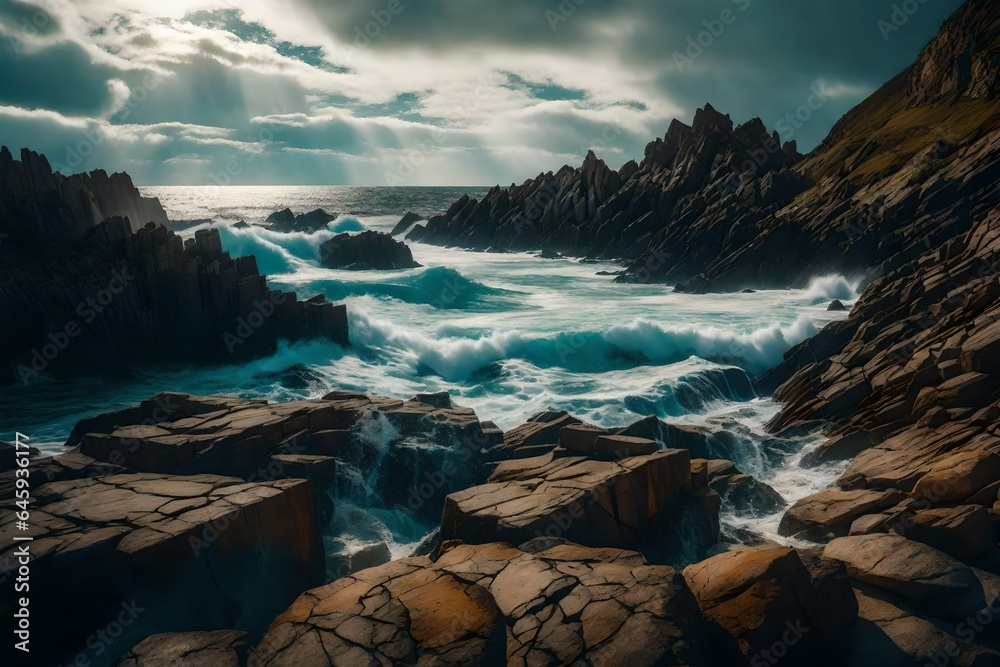 In a closeup of a rocky shore, crashing waves meet the rugged landscape ...