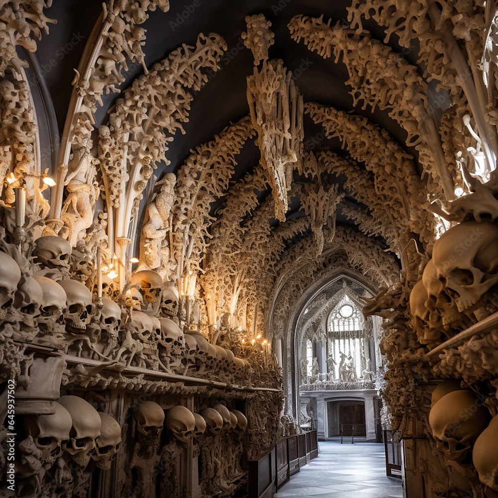 Generative AI: scary crypt stacked to the ceiling with human skulls and ...