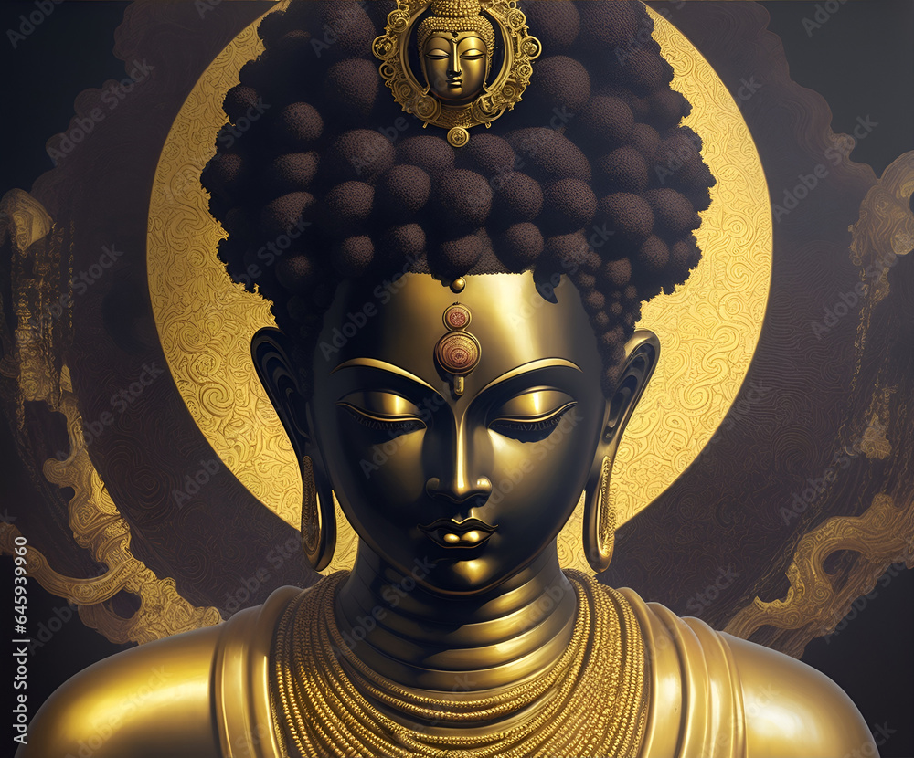 Buddha statue in Afro style. Decorative digital 2D painting. Color ...