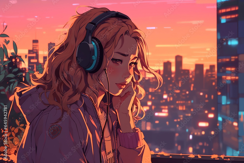 Lofi red head girl with headphones illustration. Lofi background ...