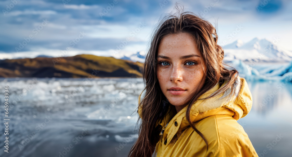 Brunette Iceland girl with beautiful blue eyes looking at an icelandic ...