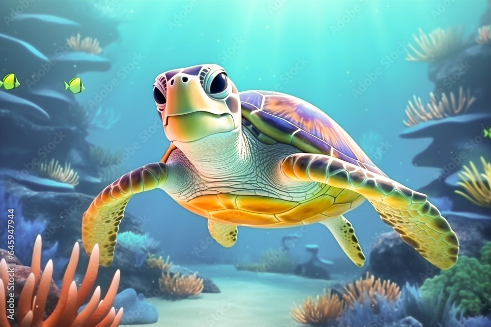 Cartoon image of a sea turtle, underwater world natural background ...