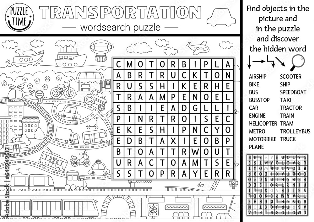 Vector transportation wordsearch black and white puzzle for kids ...