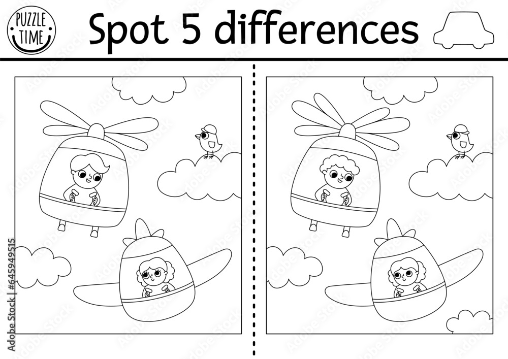 Find differences game for children. Transportation black and white ...