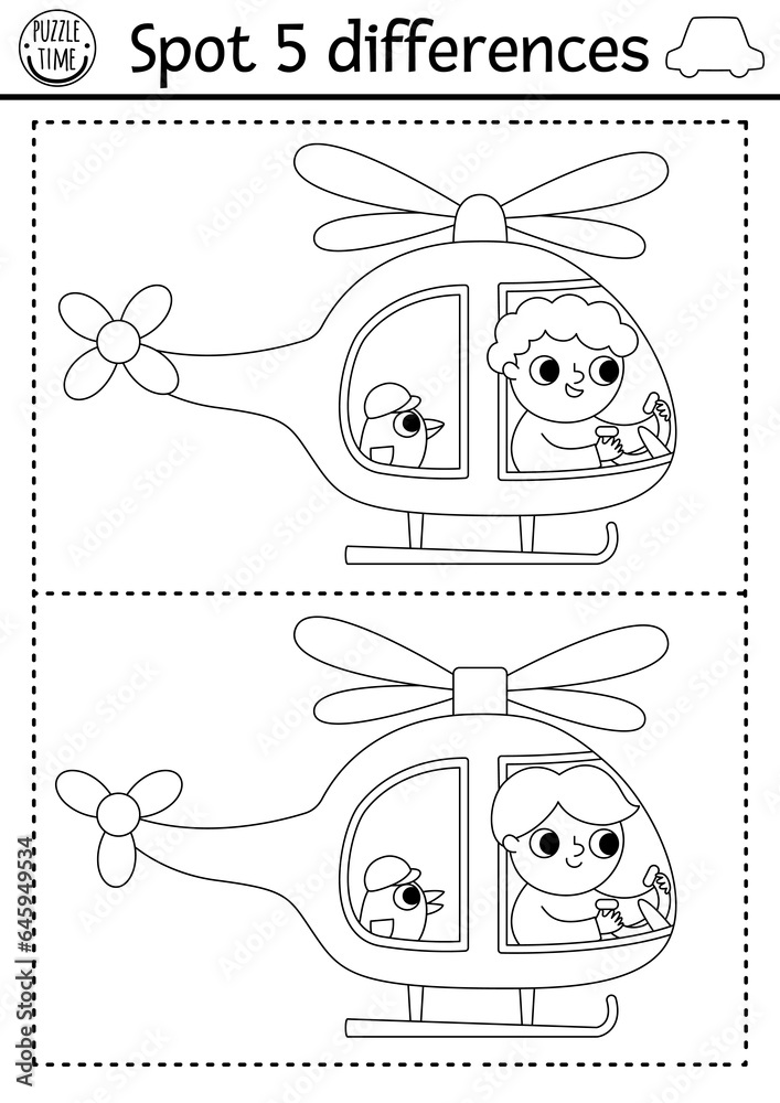 Find differences game for children. Transportation black and white ...
