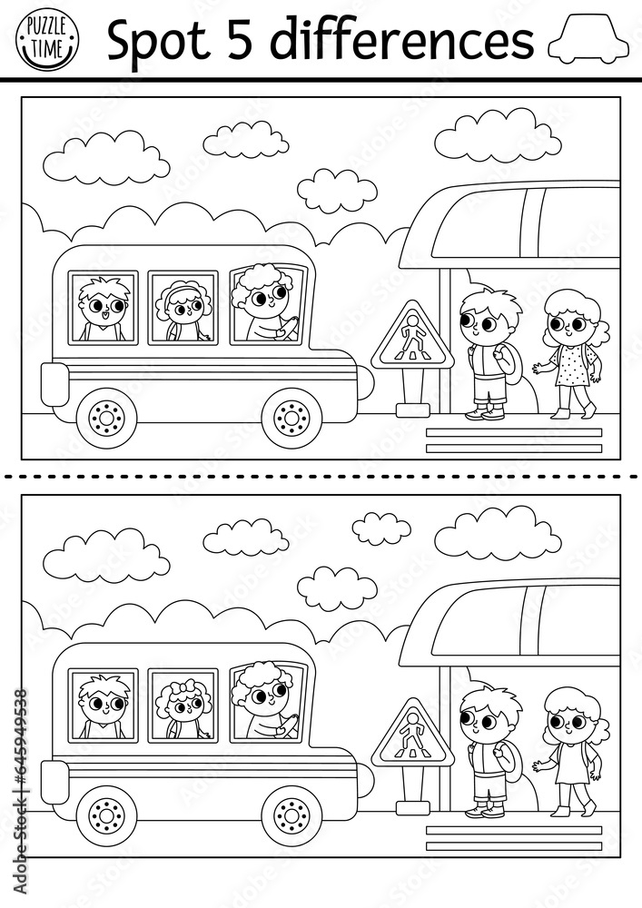 Find differences game for children. Transportation black and white ...