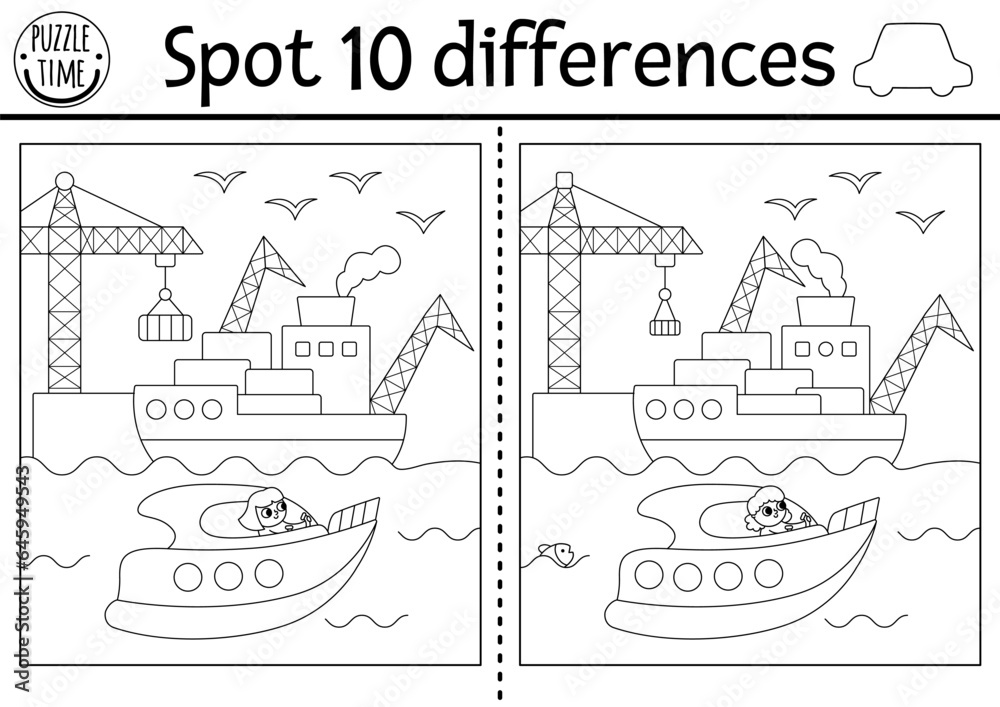 Find differences game for children. Transportation black and white ...