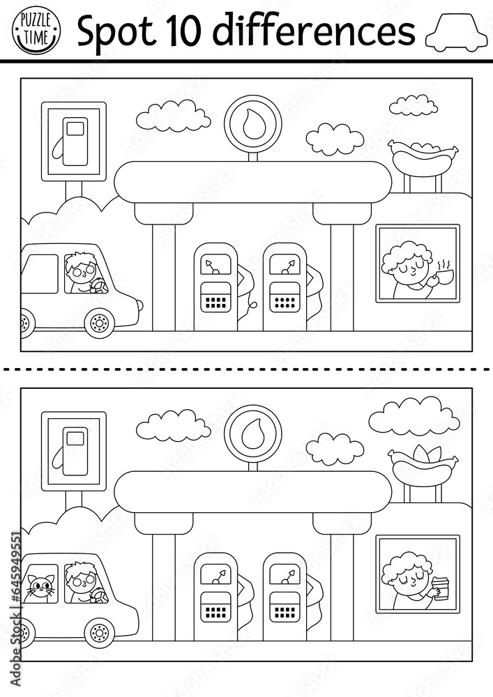 Find differences game for kids. Transportation educational black and ...