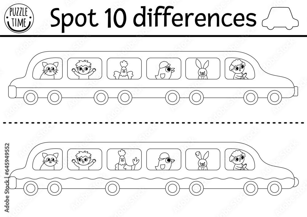 Find differences game for children. Transportation black and white ...