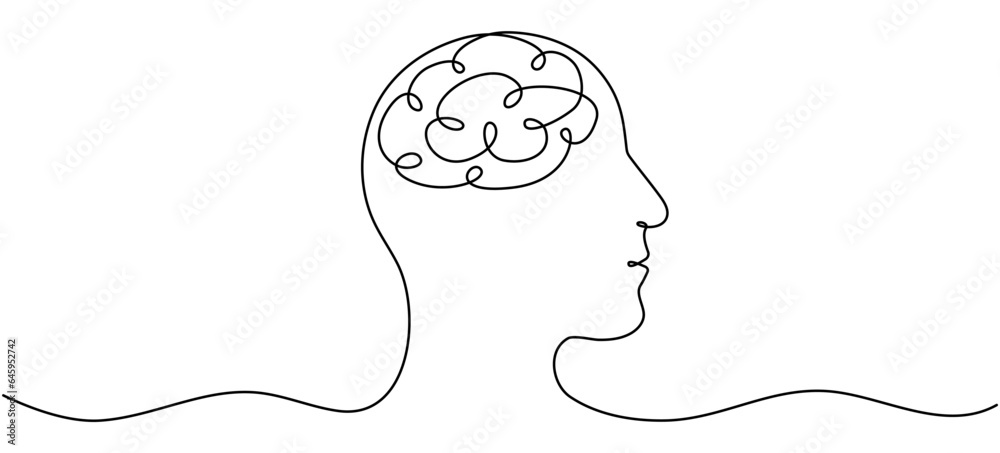 Continuous line drawing head with brain. Thinking linear symbol. Mental ...