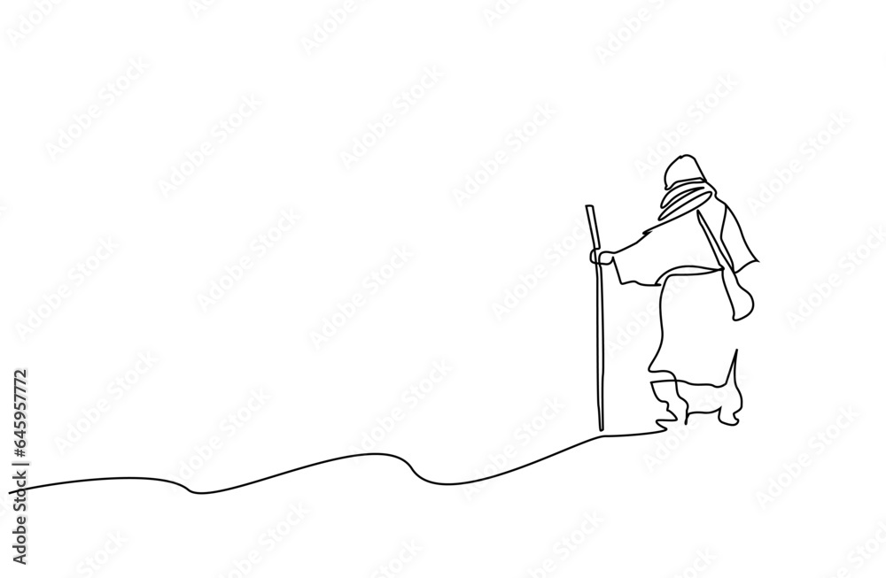 man person desert bedouin nature staff back behind rear view line art ...