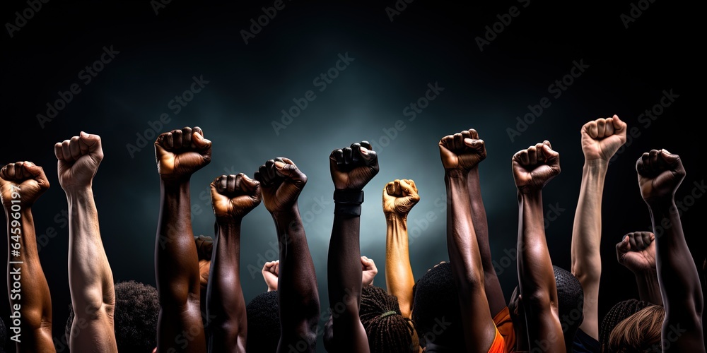 Hands raised in protest. A group of protesters raised their fists in ...