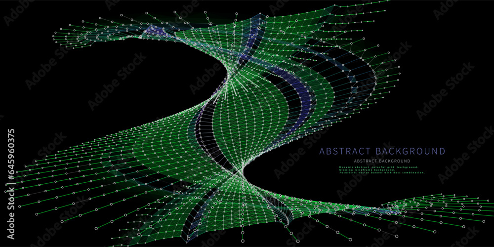 Abstract background twisting wireframe grid from color lines and dots ...