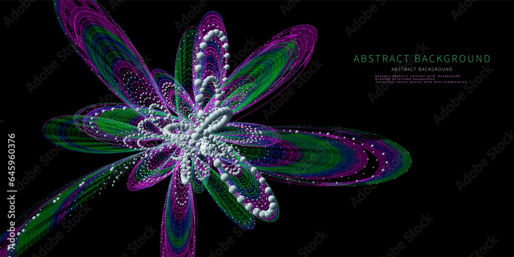Abstract background twisting radial wireframe grid and spheres lines on ...