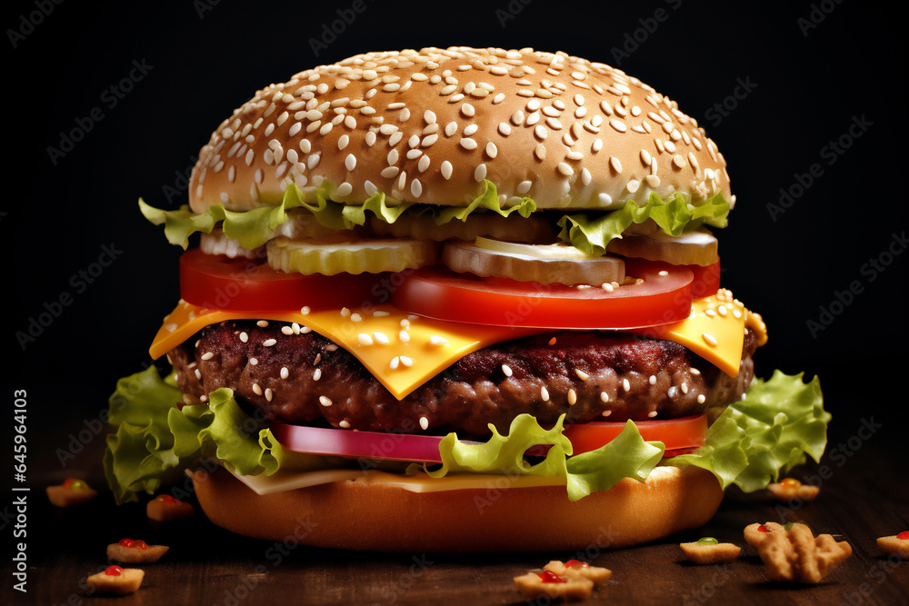 The beef burger and hamburger an American classic featuring a beef or ...