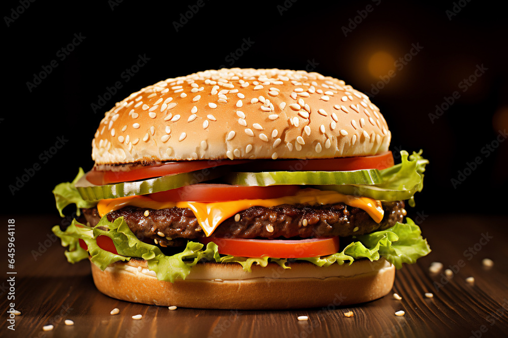 The beef burger and hamburger an American classic featuring a beef or ...