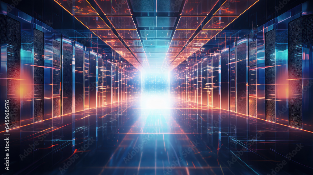 Horizontal illustration of server racks in computer network security ...
