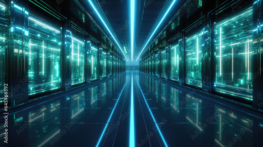 Ctberpunk illustration of servers and computers in a data center ...