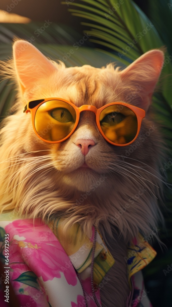 A vibrant portrait of an anthropomorphic cat with yellow sunglasses ...