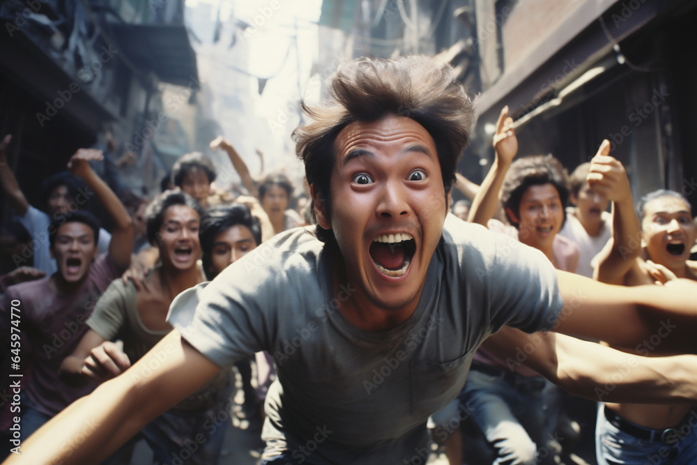 Frightened people running from earthquake with an expression of ...