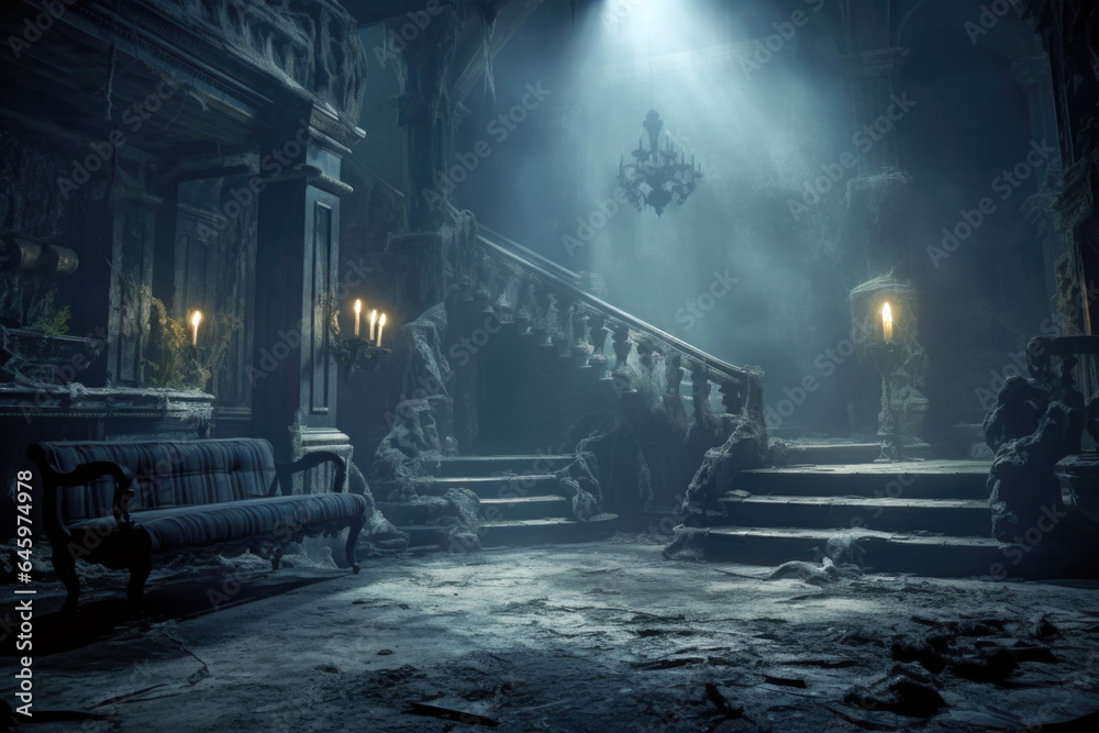 Eerie interior of abandoned haunted mansion, with a grand staircase ...