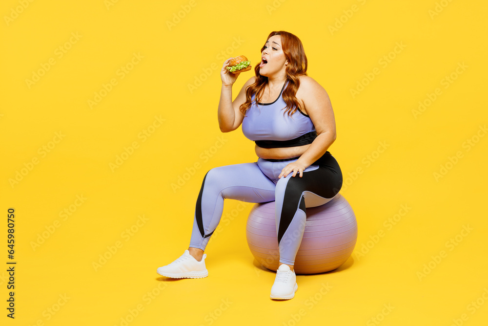 Full body side view young chubby plus size big fat fit woman wearing ...