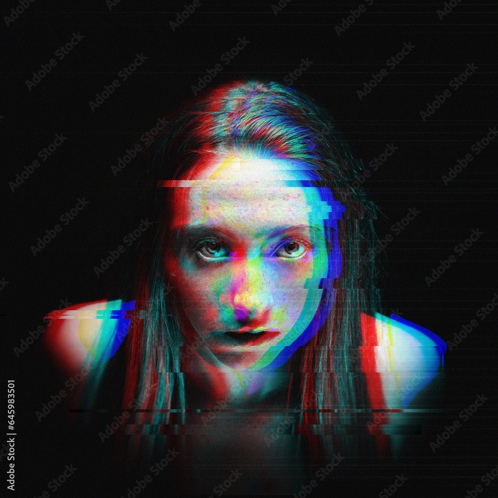 Glitch portrait of a young woman against a dark background. Analog ...