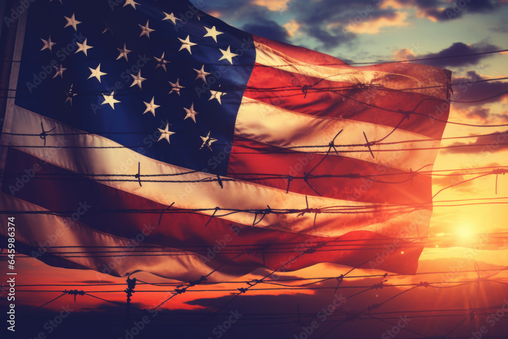 American Flag Waving Behind Barbed Wire: Symbol of Protection and ...