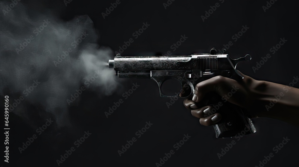 An intense illustration of a hand firing a pistol, capturing the moment ...
