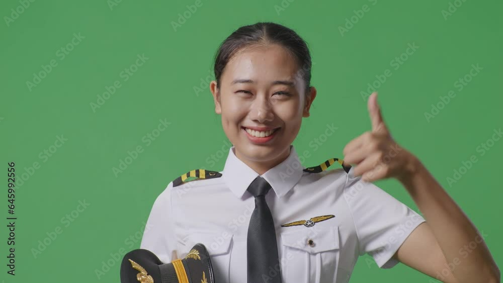Close Up Of Asian Woman Pilot Smiling And Showing Thumbs Up Gesture To ...