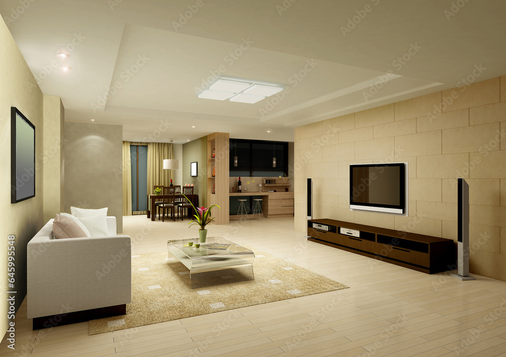 Modern apartment interior 3d architectural rendering. Perspective view ...