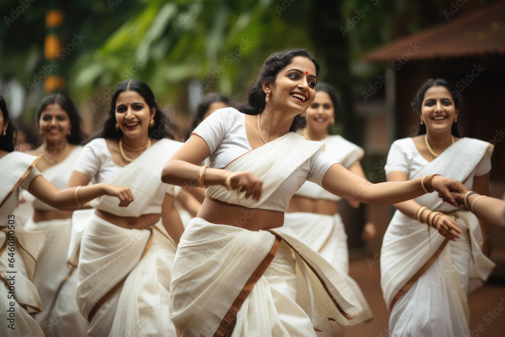 Indian women group in traditional saree and dancing together Stock ...