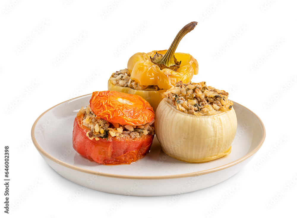 Single plate with gemista greek traditional homemade cuisine made of ...