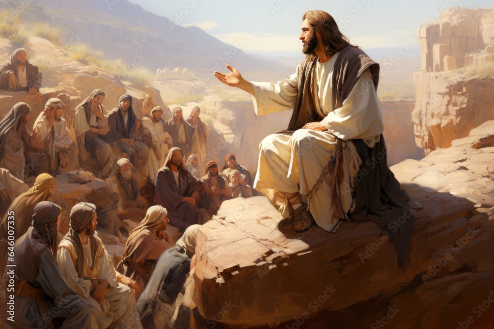 Jesus speaking to the people by parables on the mountain in the midst ...