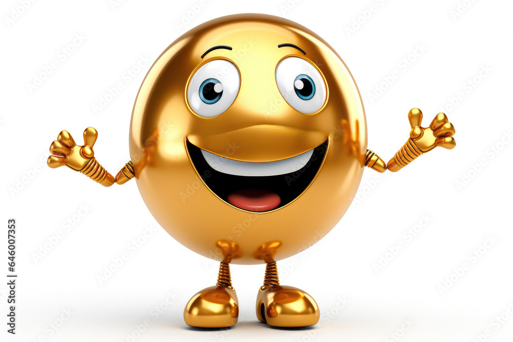3D happy and funny golden cartoon character on white background ...