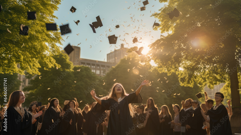 College graduate girl throwing her cap up in celebration of graduation ...
