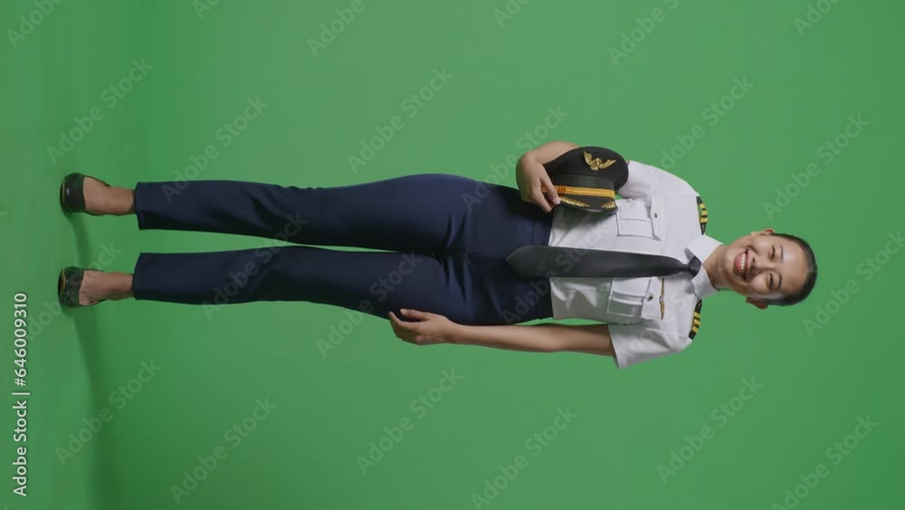 Full Body Of Asian Woman Pilot Standing And Smiling To Camera In The ...