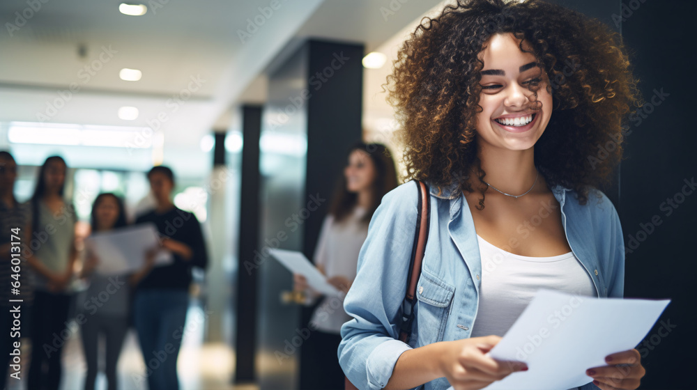 Amidst the lively ambiance of a lobby, a content student shares her ...