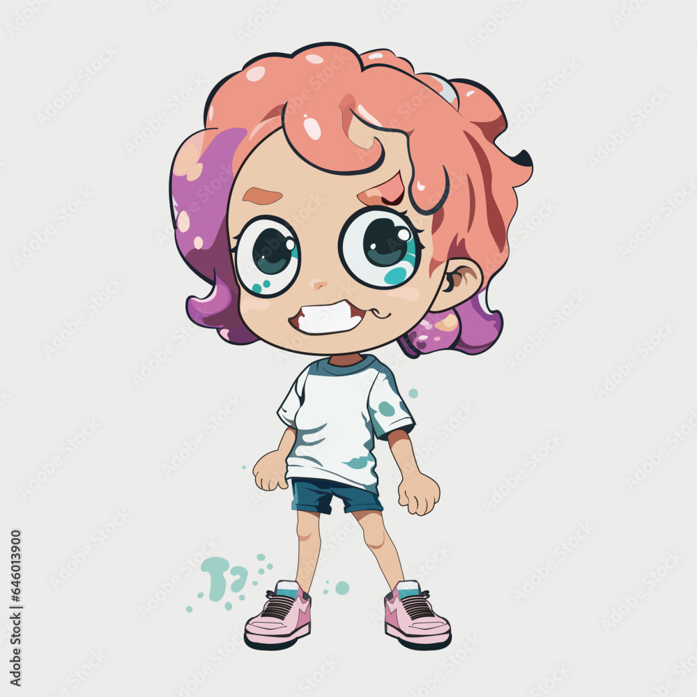 cute and adorable kid, sticker, Illustration, Splatoon Style, 2D Style ...