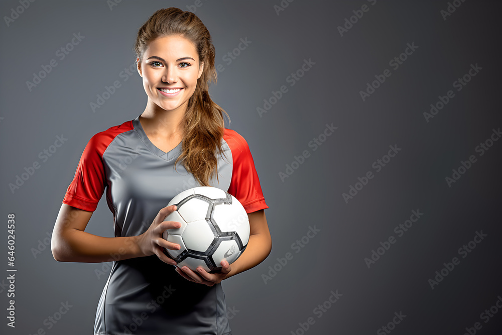 Beautiful woman soccer player model in jersey holding a football in ...