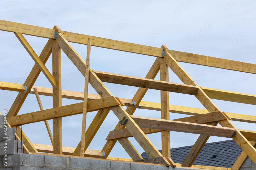 Foto de La pose de poutres en bois pour la toiture d'une maison. do ...
