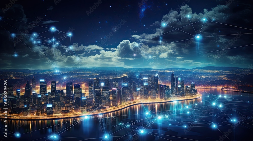 Modern city with wireless network connection and urban landscape ...